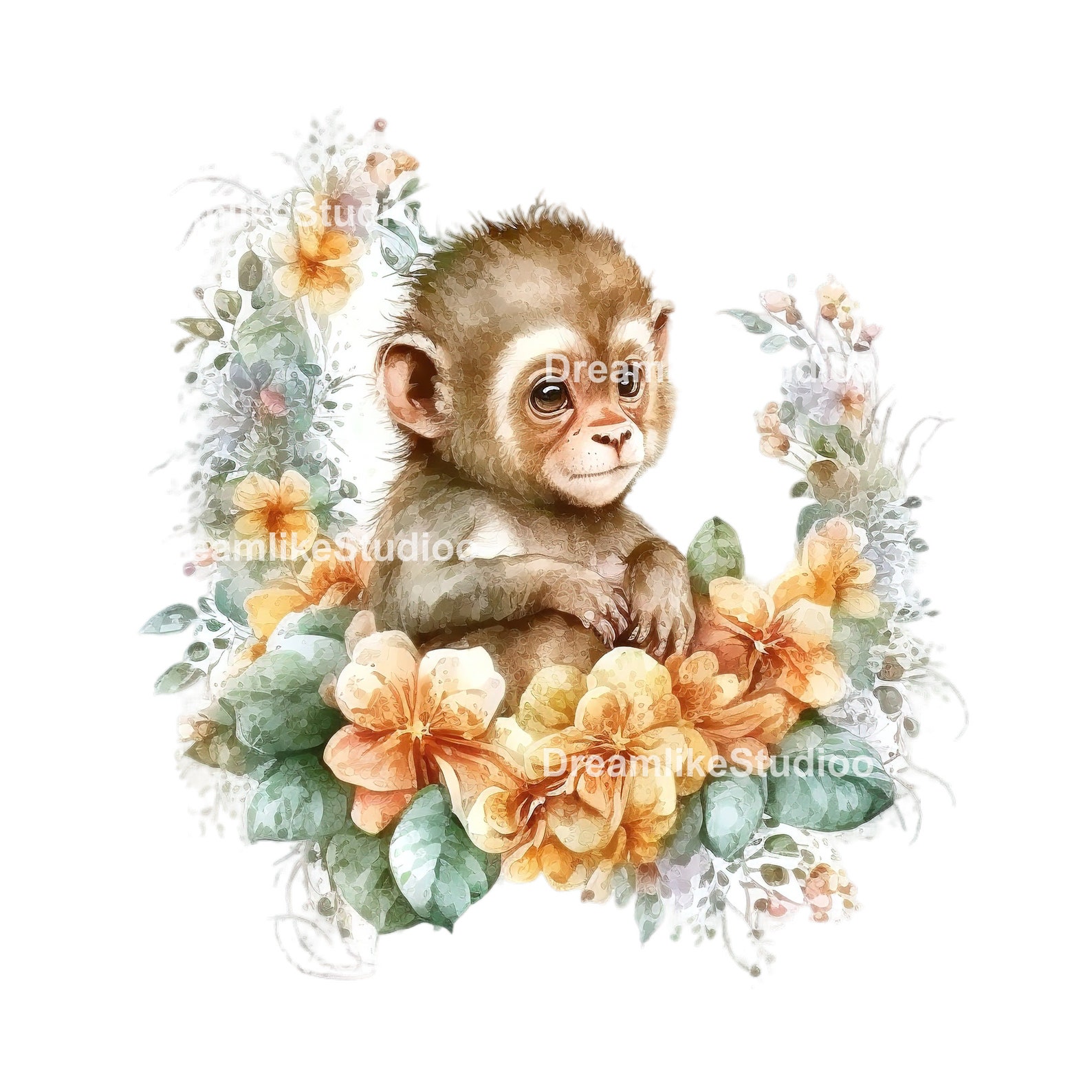 Watercolor Baby Monkey Clipart, Commercial Use Floral Monkey PNG ...