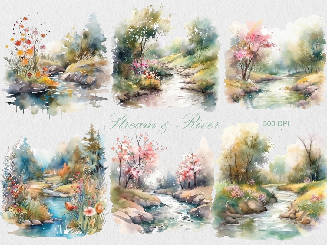 Watercolor Stream Clipart, River With Flower Banks, Commercial Use ...