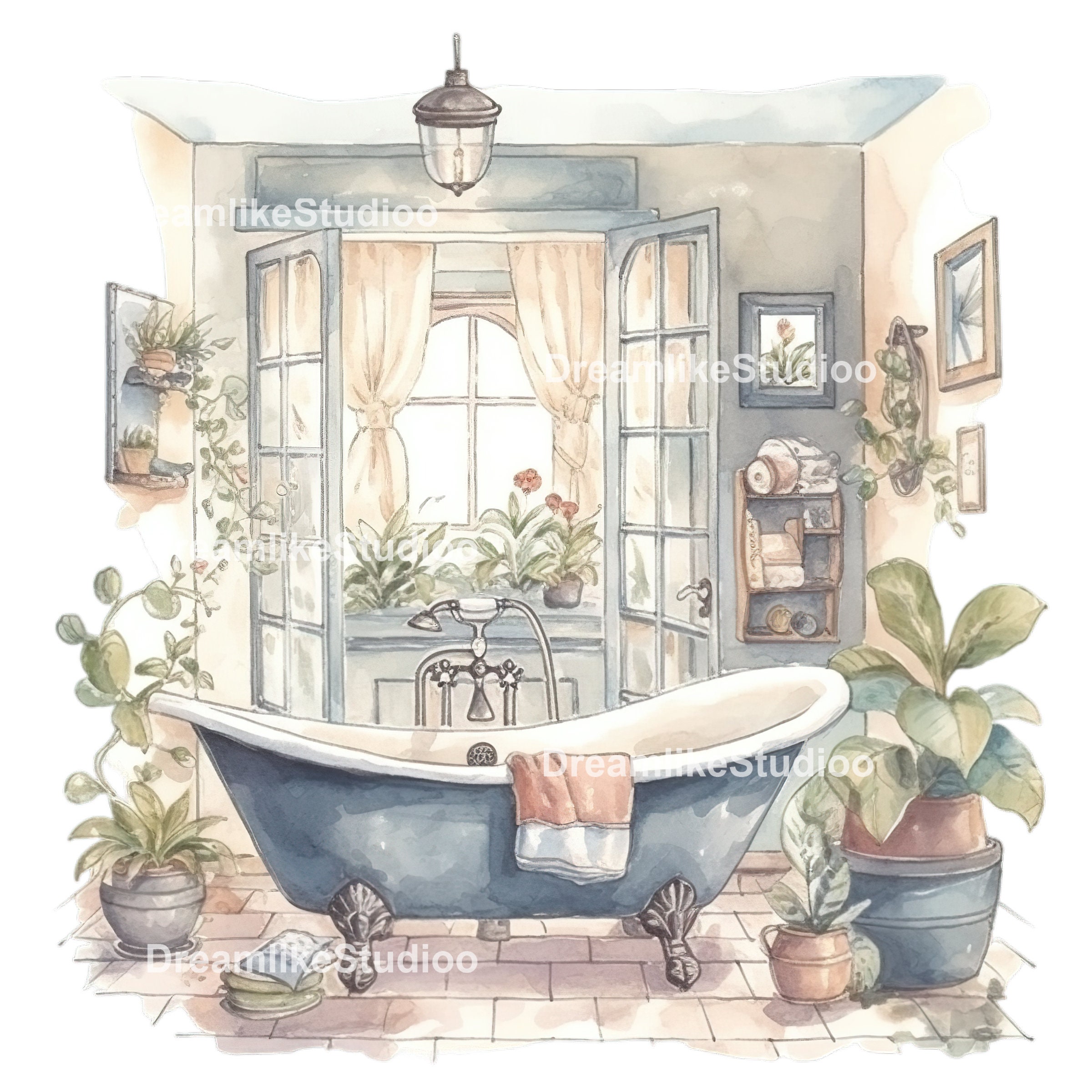 Watercolor Bathroom Cliparts, Commercial Use Clipart, Cottage Interior ...