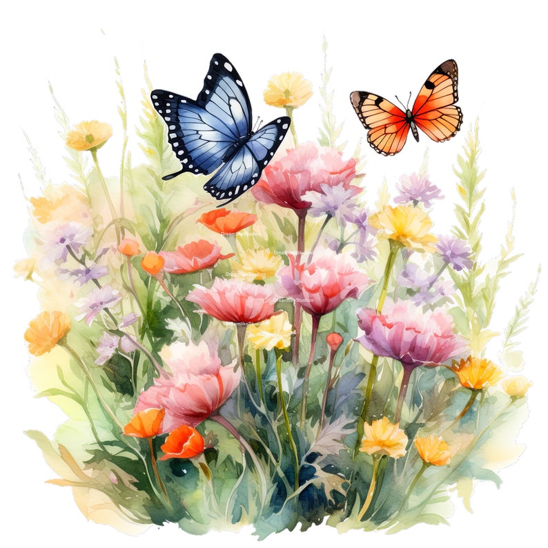 Watercolor Butterflies and Flowers Clipart, Commercial Use Clipart ...