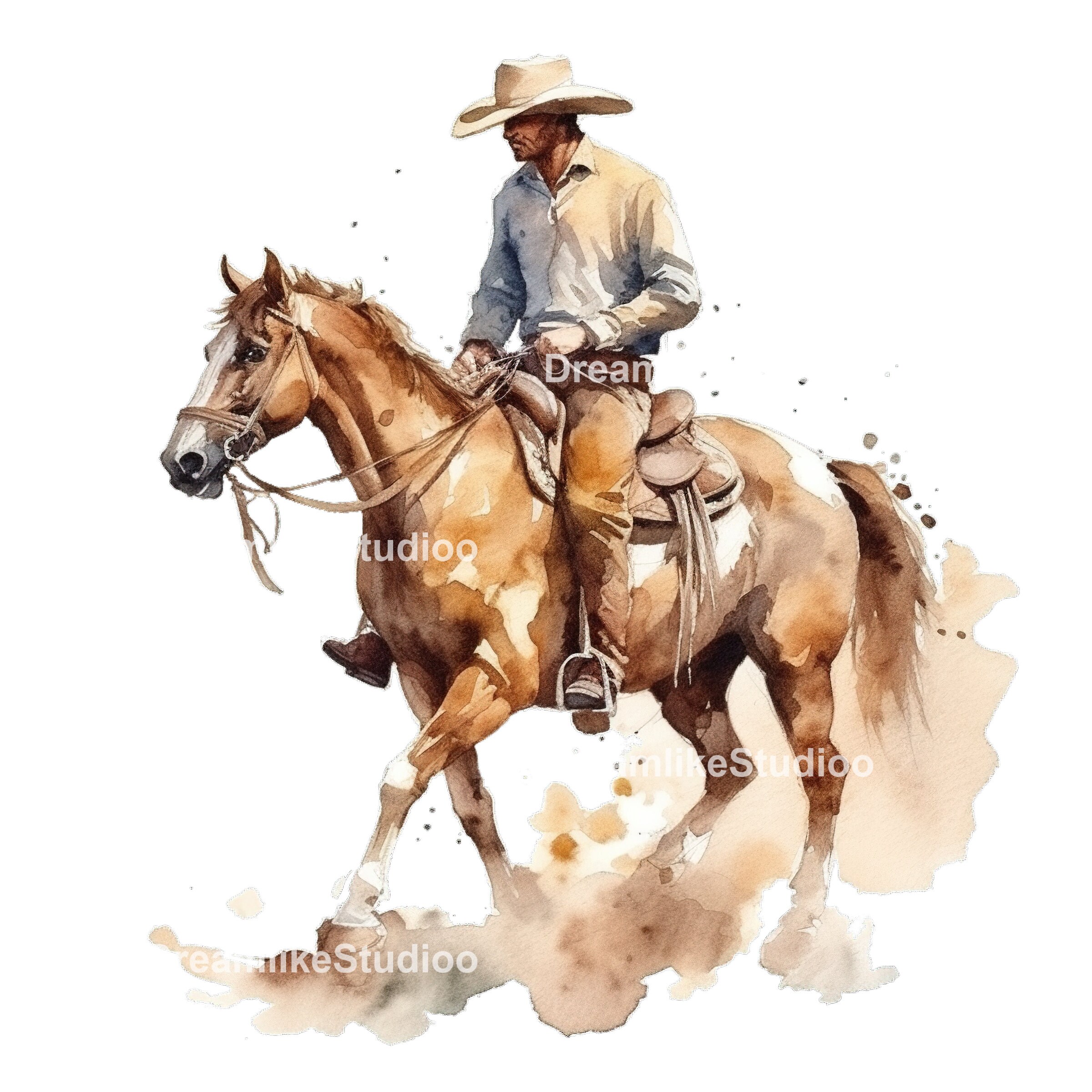 Watercolor Cowboy Clipart, Commercial Use Cowboy and Horse PNG Clipart ...