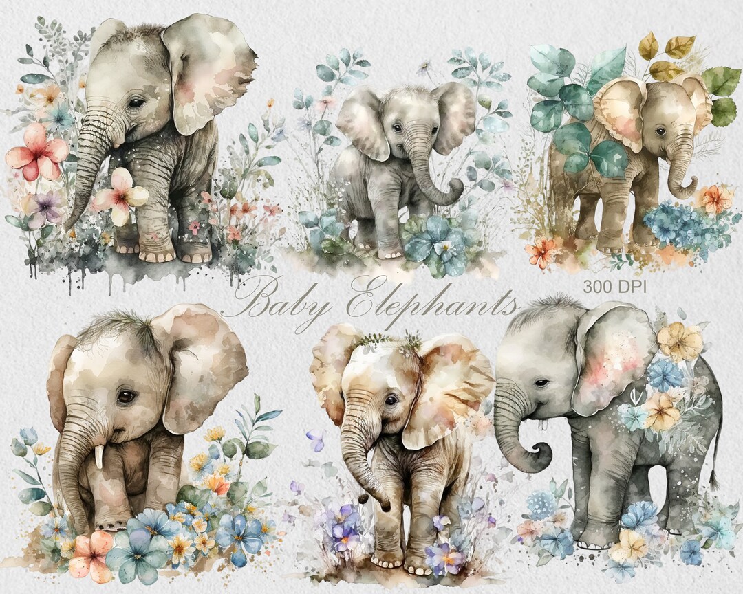 Watercolor Cute Baby Elephants Clipart, Commercial Use Jungle Animals ...