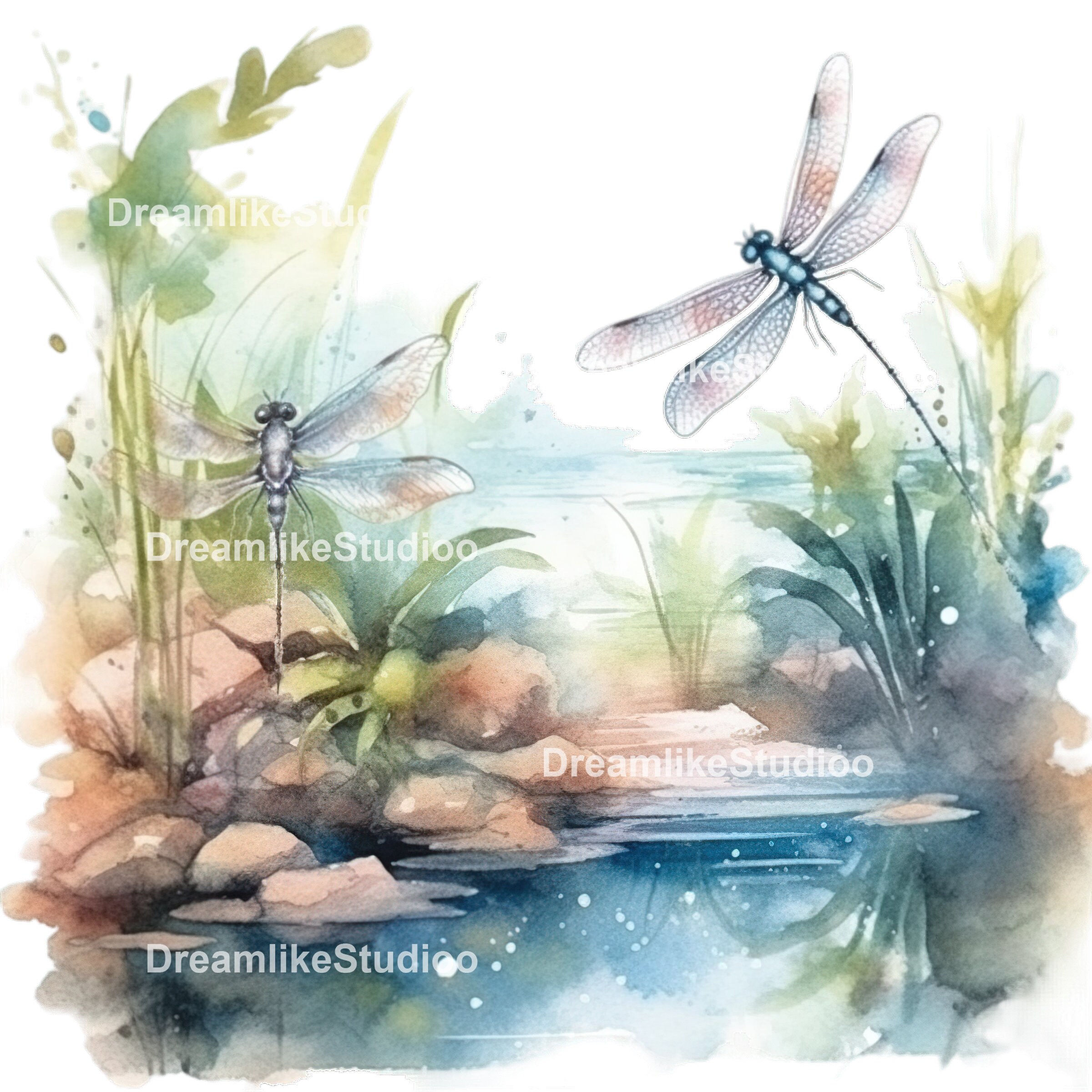 Watercolor Dragonfly Clipart, Commercial Use Clipart, Dragonflies Scene ...