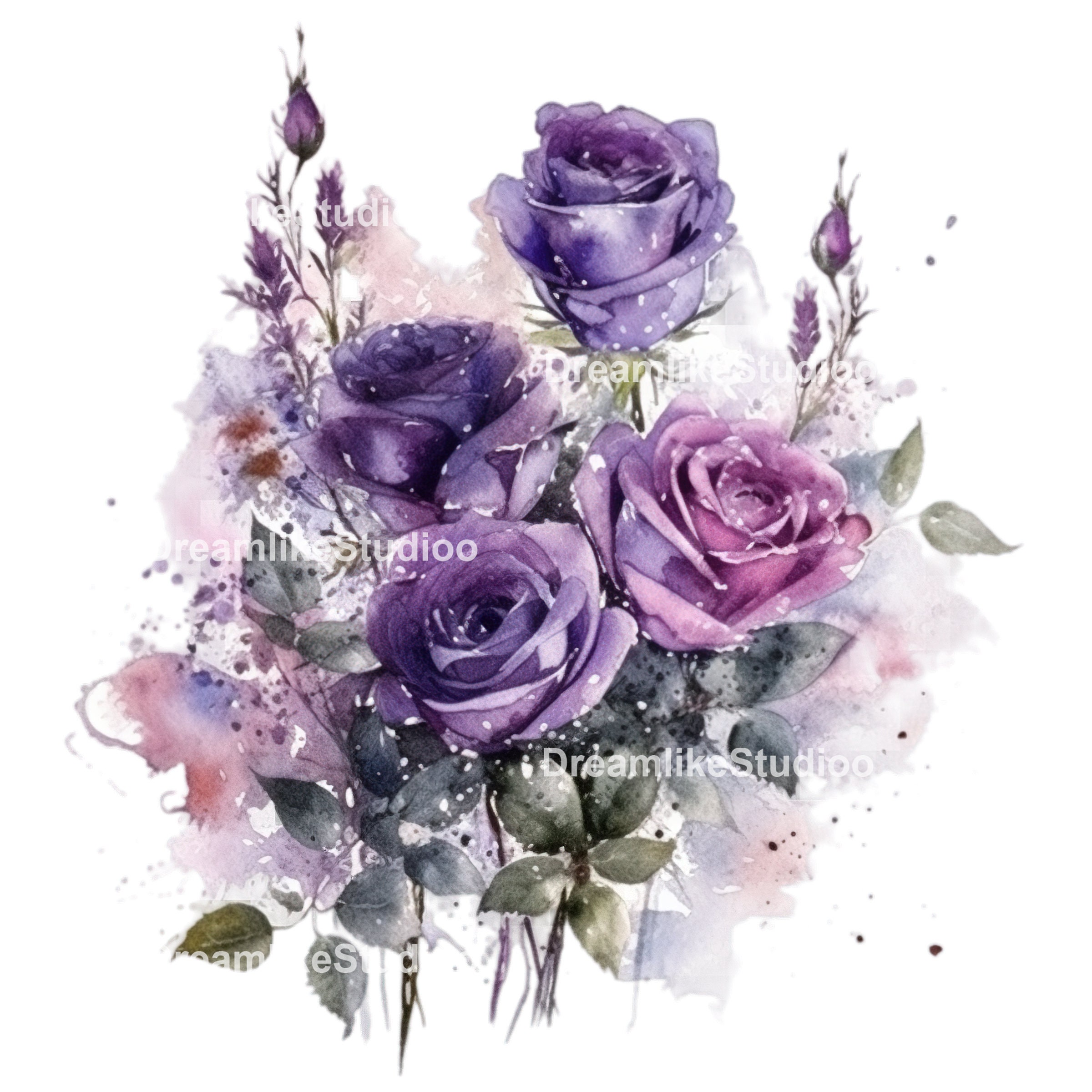 Purple Roses Clipart, Commercial Use Watercolor Rose Bouquet Clipart ...