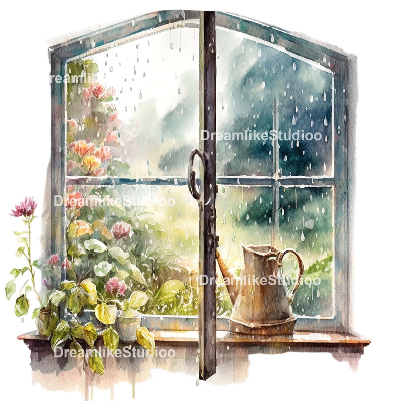 Watercolor Rainy Day Clipart, Rainy Window Commercial Use Clipart ...