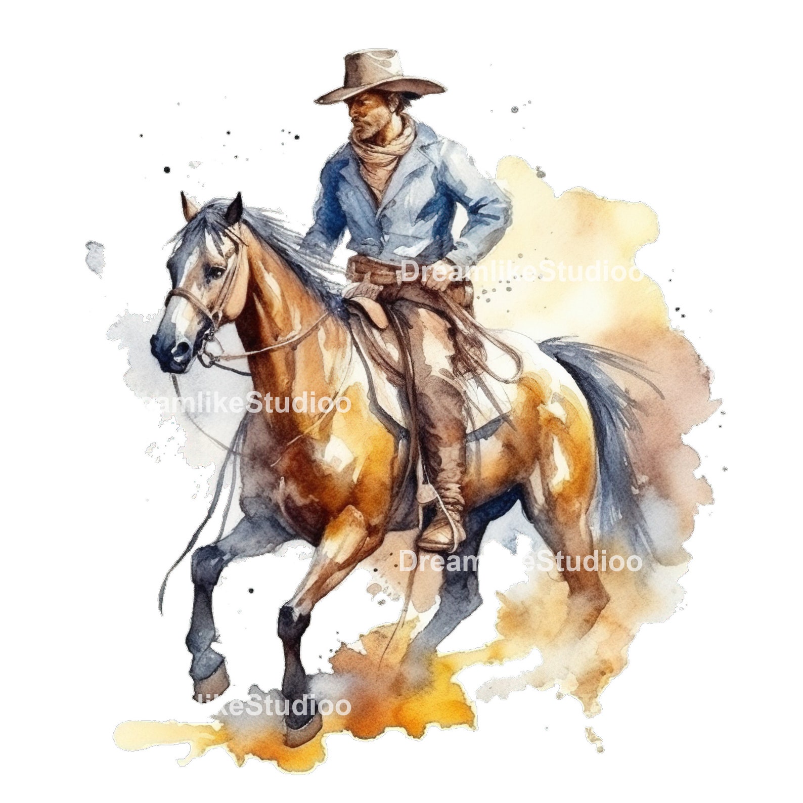 Watercolor Cowboy Clipart, Commercial Use Cowboy and Horse PNG Clipart ...