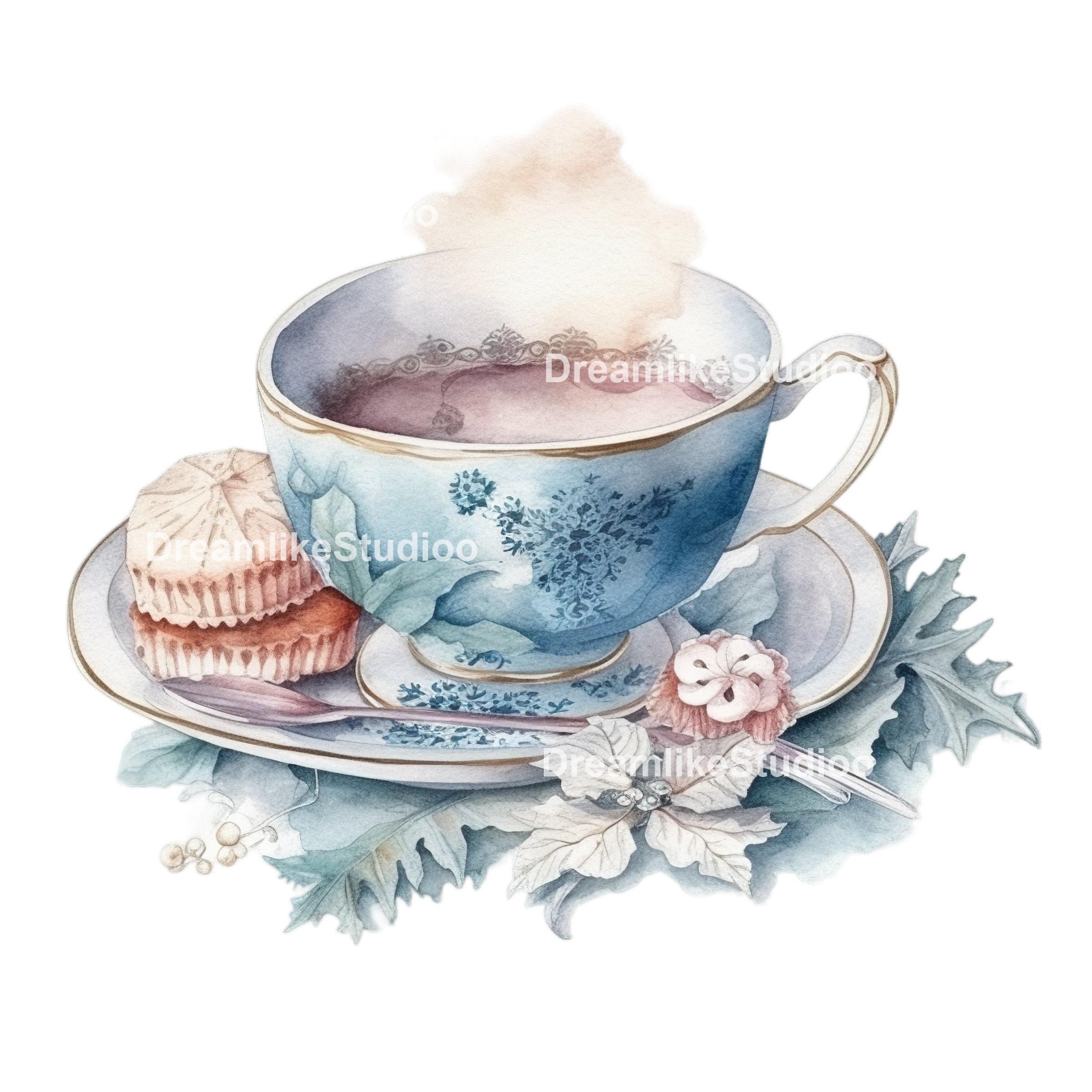 Winter Tea Party Clipart, Watercolor Tea Cup PNG Commercial Use Clipart ...