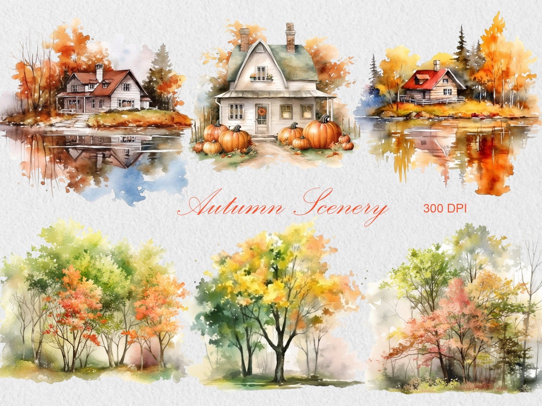 Watercolor Fall Clipart Commercial Use Autumn Landscape PNG - Etsy