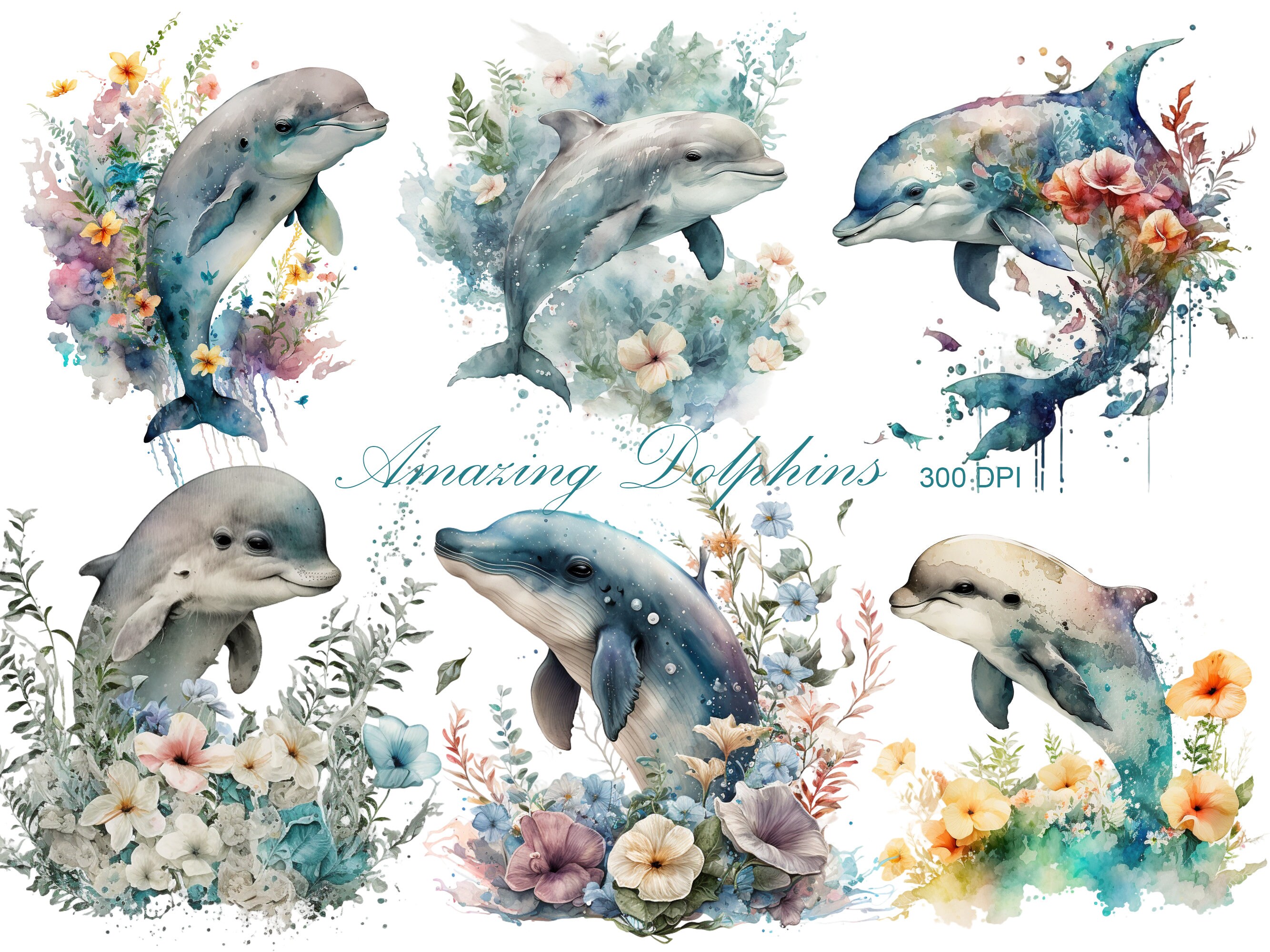 Floral Dolphin Clipart Commercial Use Watercolor Dolphin PNG - Etsy