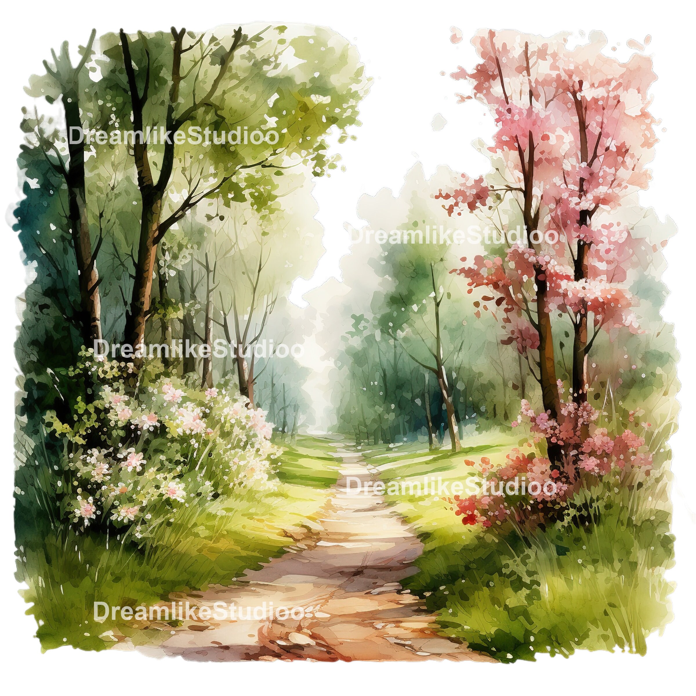 Watercolor Forest Path Clipart, Commercial Use Flowers Path in the ...
