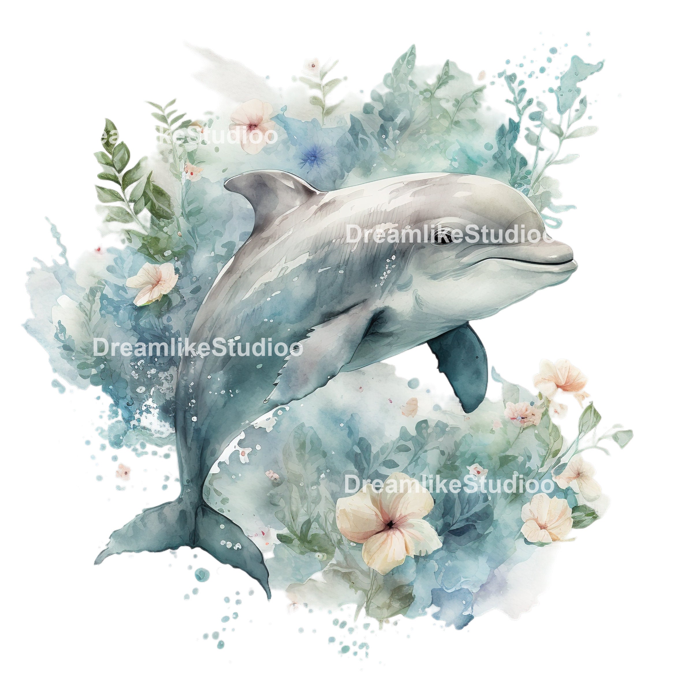 Floral Dolphin Clipart, Commercial Use Watercolor Dolphin PNG Digital ...