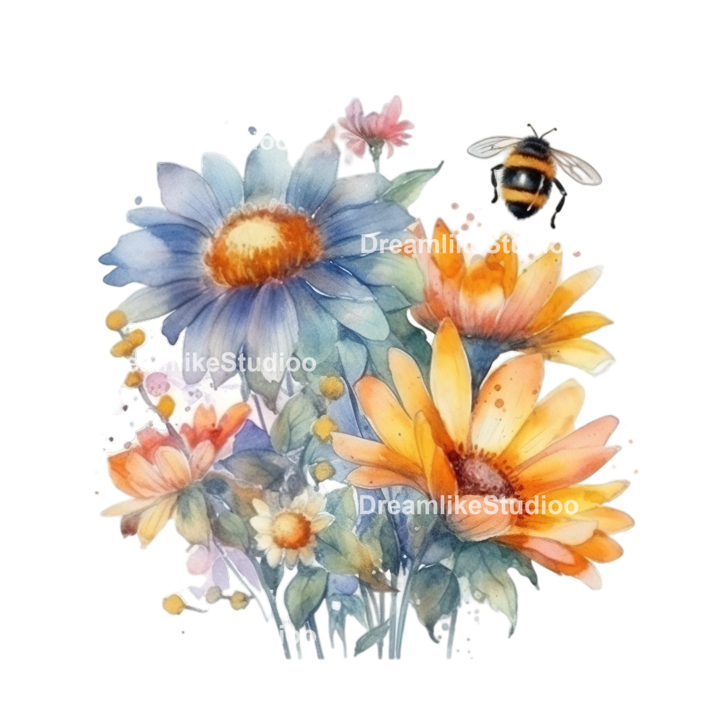 Bee Clipart PNG Watercolor Honey Bee and Summer Flowers Commercial Use ...