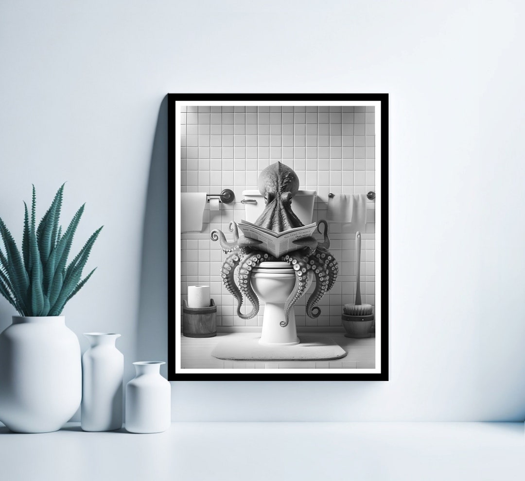 Octopus Wall Art, Funny Bathroom Print, Octopus in Toilet, Bathroom Art ...