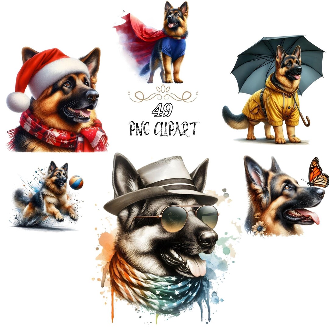 German Shepherd Clipart, Dog Clipart, 49 Bundle Set, Watercolor German ...