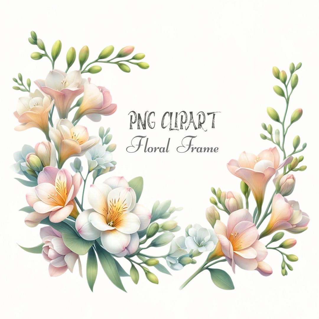 Elegant Freesia Frame Clipart, Watercolor Freesia Border, Soft Pastel ...