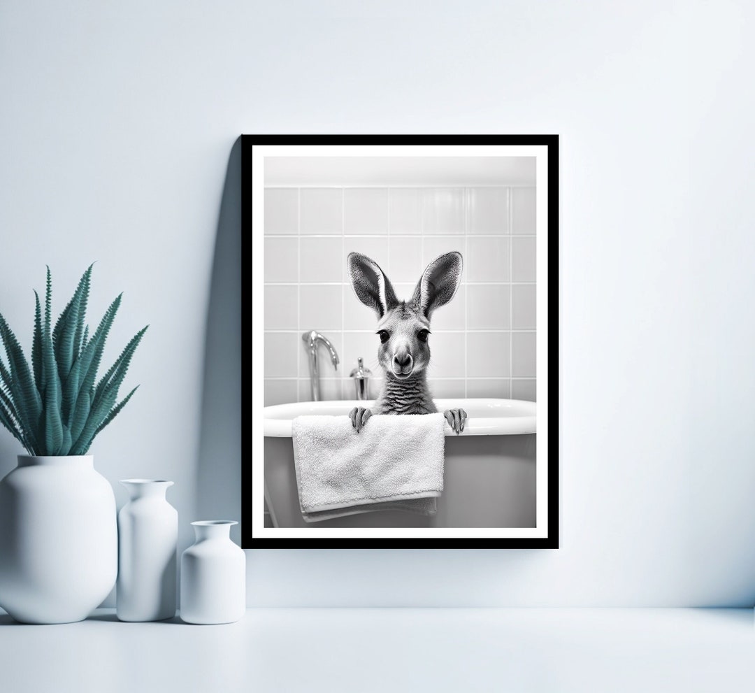 Cute Kangaroo in Tub Printable Wall Art, Bathroom Kids Art, Bathroom ...