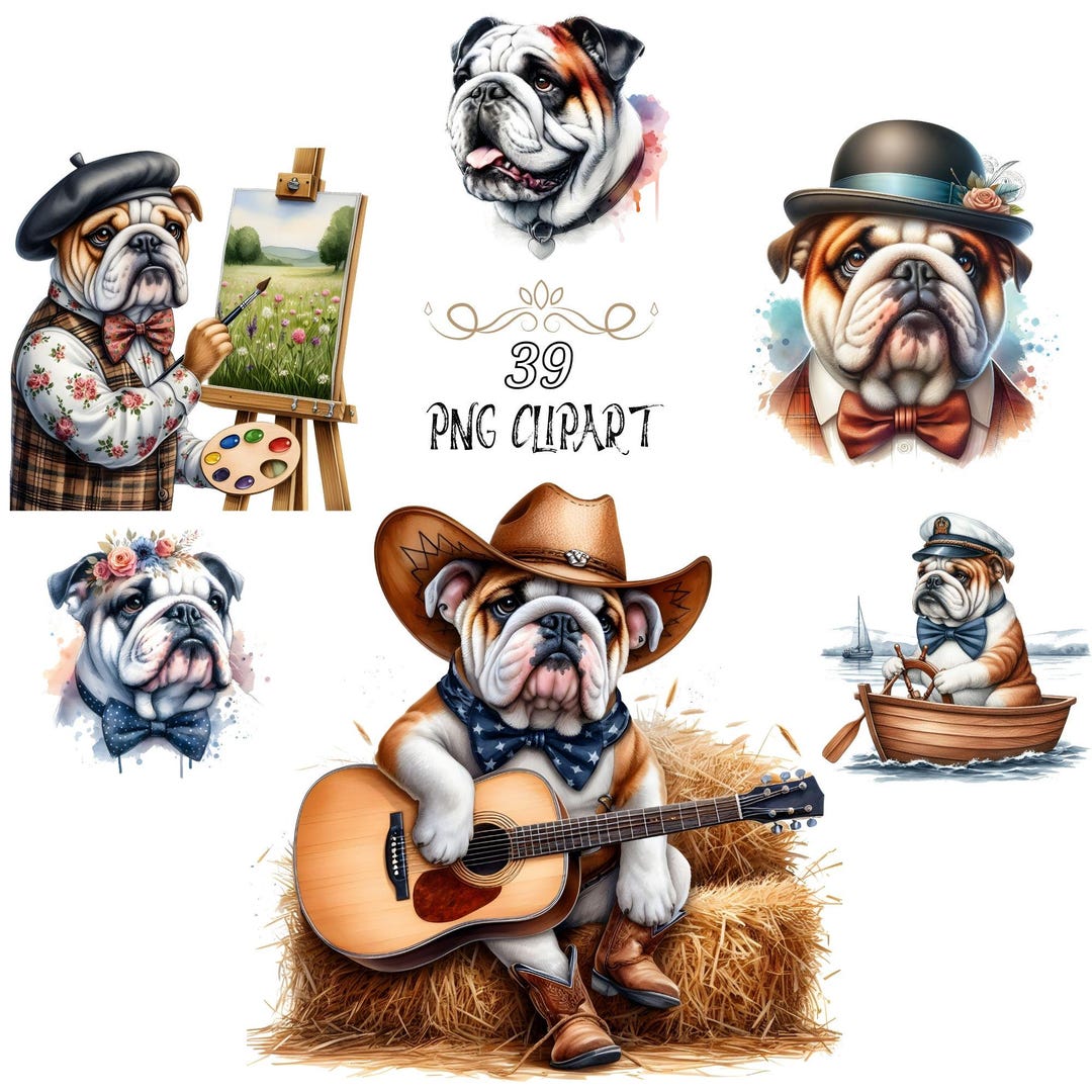 English Bulldog Clipart, Dog Clipart, 39 Bundle Set, Watercolor Dog ...