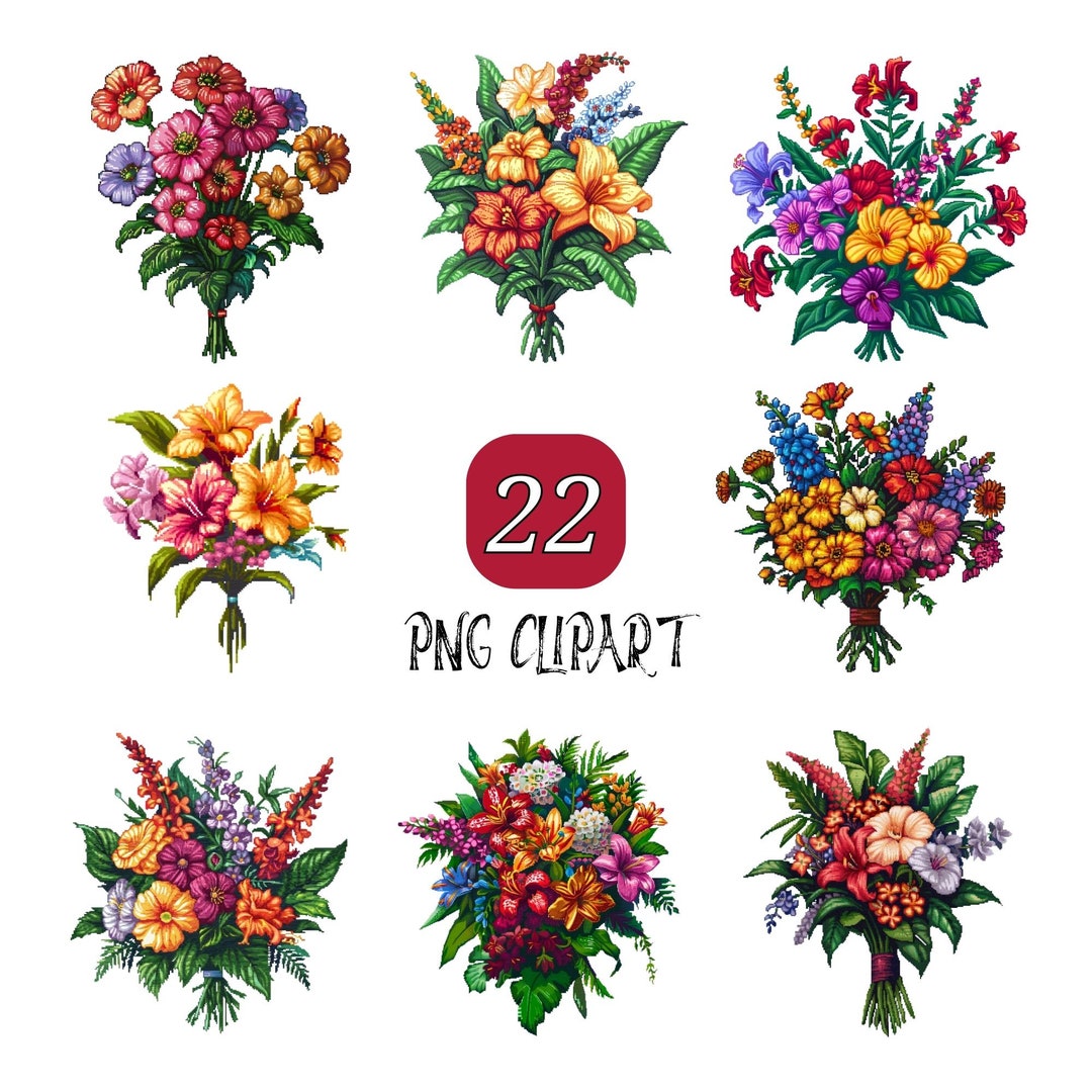 Bouquet of Flowers Pixel Art Clipart, High Quality PNG, Digital ...