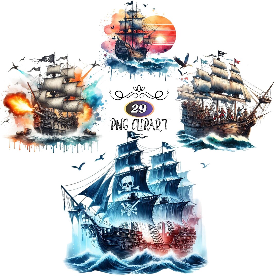 Vintage Pirate Ship Clipart Bundle, Watercolor Nautical Illustrations ...