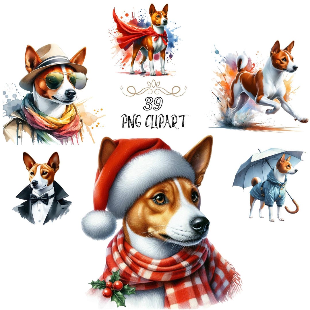 Basenji Clipart, Watercolor Dog Clipart, Bundle Set, Basenji PNG, Card ...