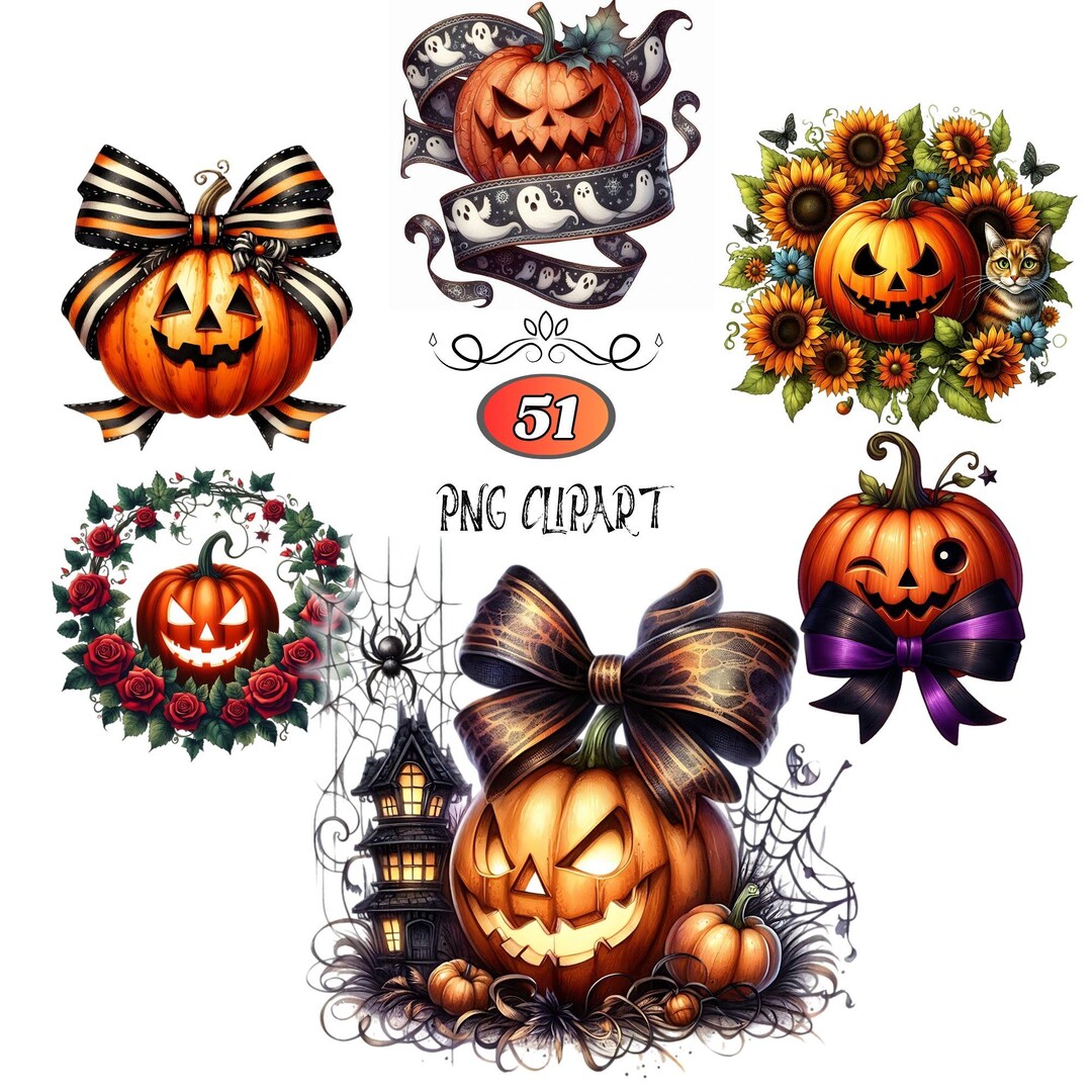 51 Halloween Clipart, Pumpkin Clipart Bundle Set, Watercolor Halloween ...