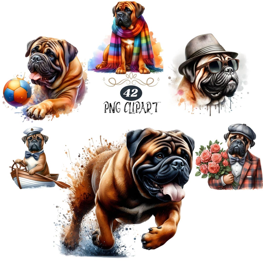 Bullmastiff Clipart, Watercolor Dog Clipart, Bullmastiff PNG, Card ...