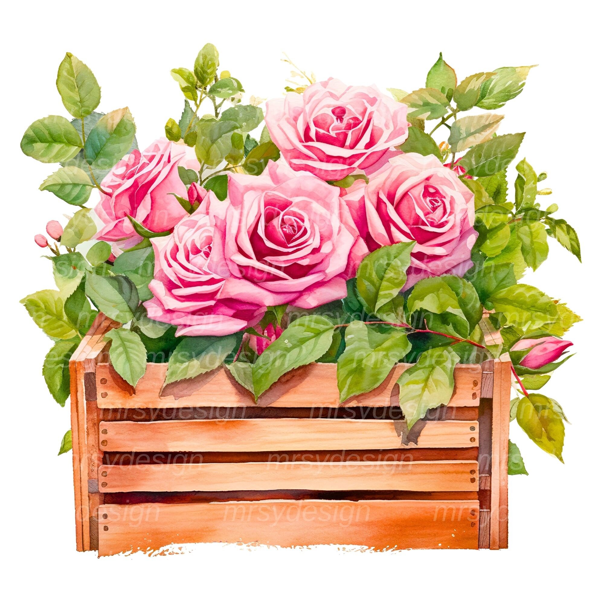 Rustic Wooden Crate Rose Clipart, Vintage Floral Digital Download, High ...