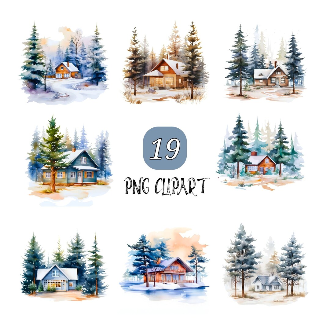 Watercolor Winter House Clipart, Pine Tree Clipart, High Quality PNG ...