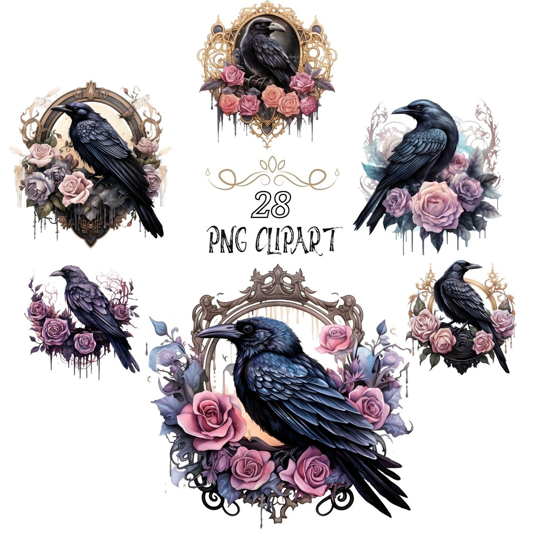 Dark Arcadia Raven Clip Art, Watercolor Magic Fantasy, Raven With Roses ...