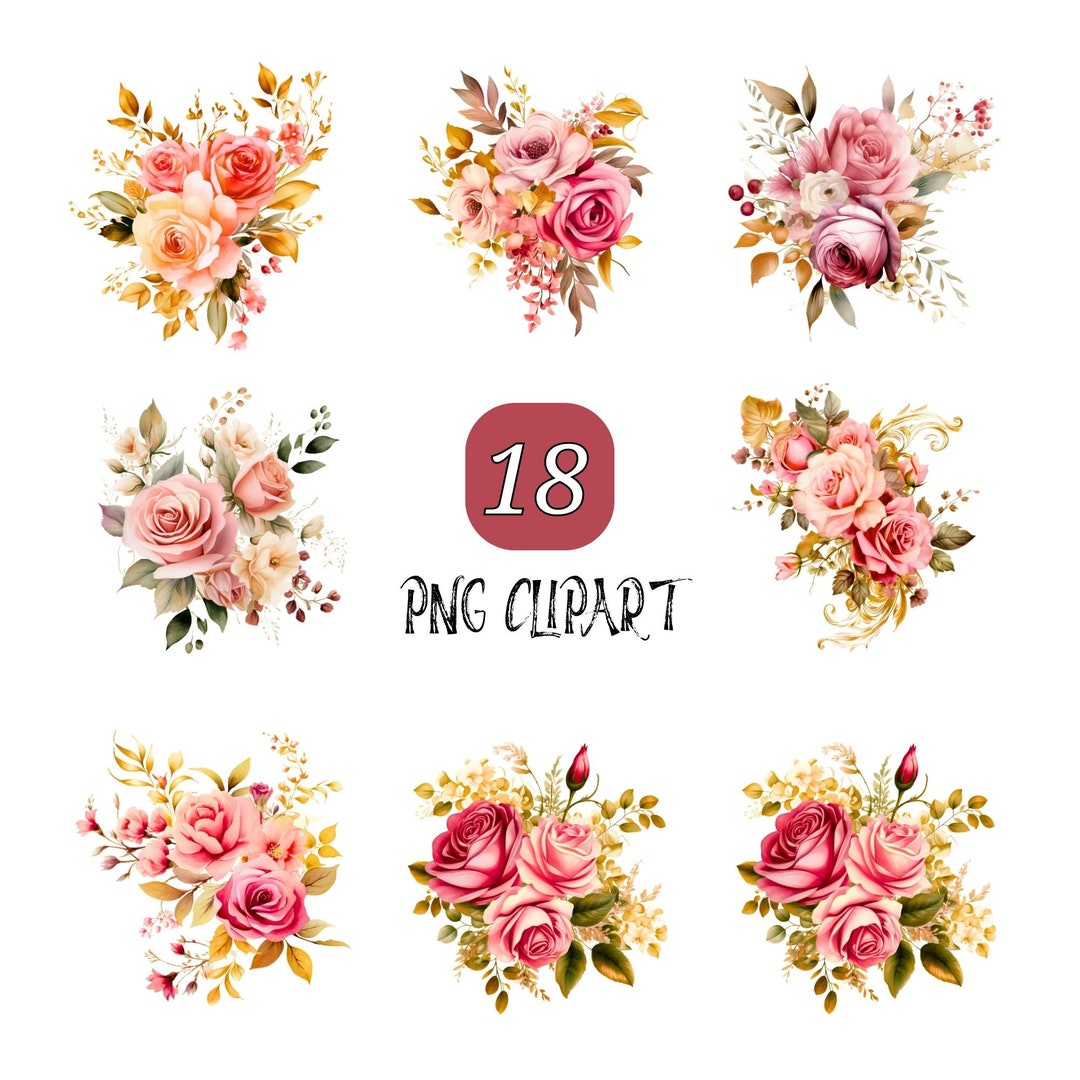 Rose Bouquet Clipart, Watercolor Vintage Pink Rose and Gold Flowers ...