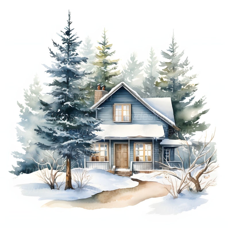 Watercolor Winter House Clipart, Pine Tree Clipart, High Quality PNG ...