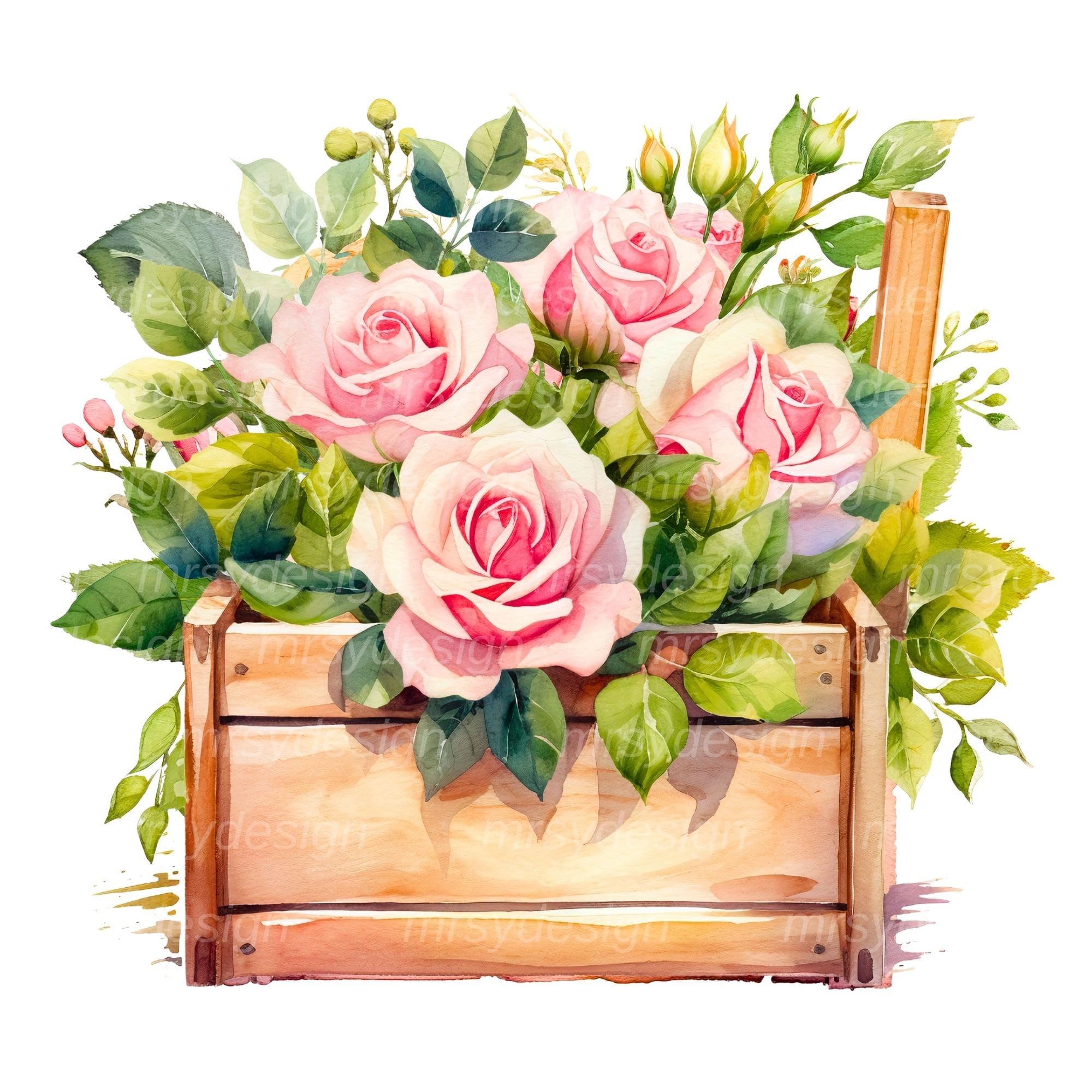 Rustic Wooden Crate Rose Clipart, Vintage Floral Digital Download, High ...