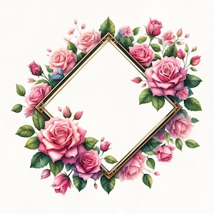 Watercolor Pink Rose Frame Clipart, Floral Clipart, Wedding Card Design ...