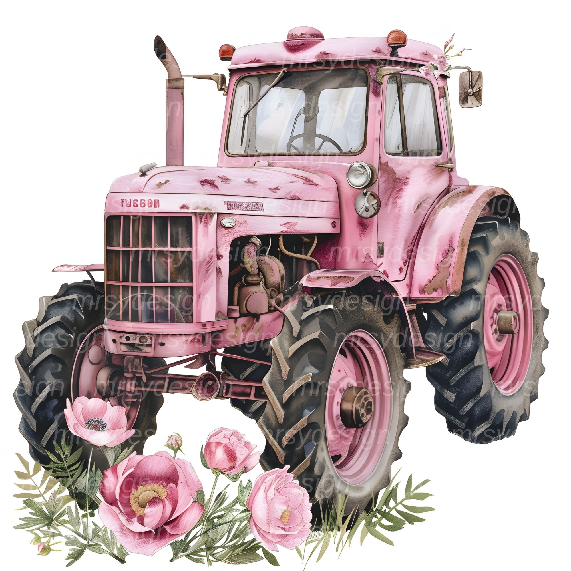 Rustic Tractor Clipart, Pink Farm Tractor Watercolor Tractor Clipart ...
