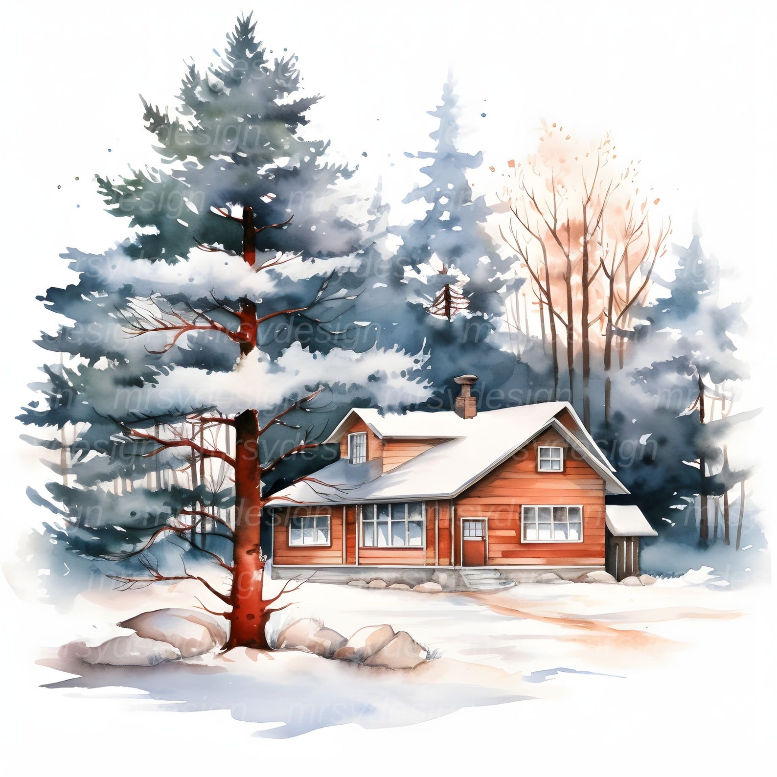 Watercolor Winter House Clipart, Pine Tree Clipart, High Quality PNG ...