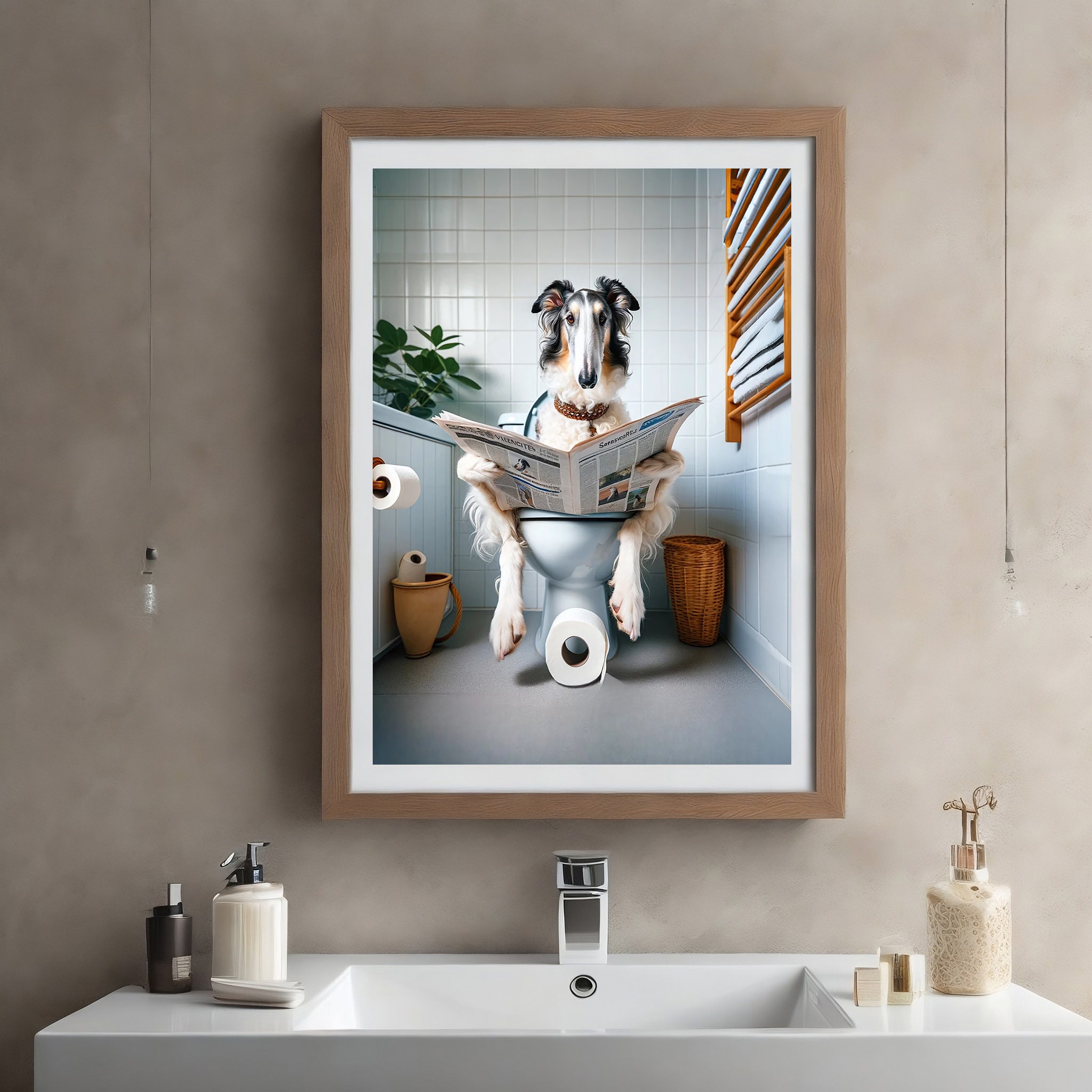 Borzoi Wall Art, Funny Bathroom Print, Toilet Poster, Borzoi in Toilet ...