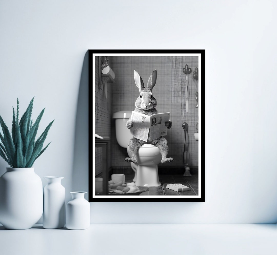 Rabbit Reading Newspaper on the Toilet, Funny Bathroom Wall Decor ...