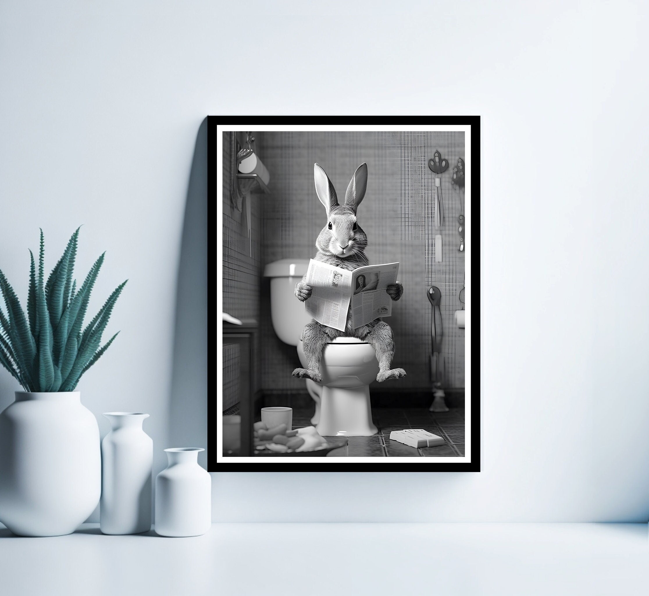 Rabbit Reading Newspaper on the Toilet, Funny Bathroom Wall Decor ...