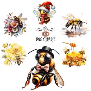 Bee Clipart, 30 Clipart Bundle, Watercolor Bee Clipart, Bee PNG, Card ...