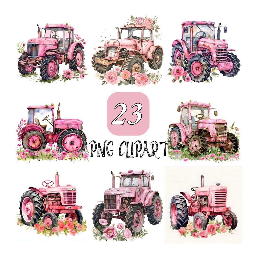 Rustic Tractor Clipart, Pink Farm Tractor Watercolor Tractor Clipart ...