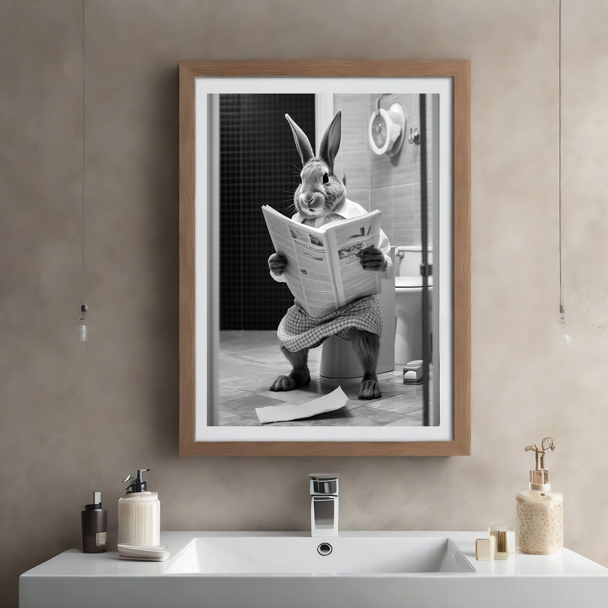 Rabbit Reading Newspaper on the Toilet, Funny Bathroom Wall Decor ...