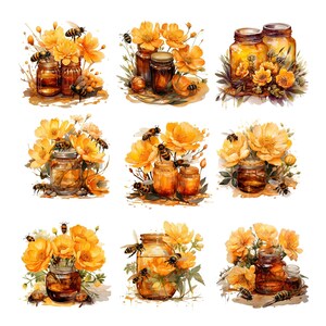 Watercolor Honey Bees Clipart, Floral Png, Honey Jars, Cute Bee Art ...