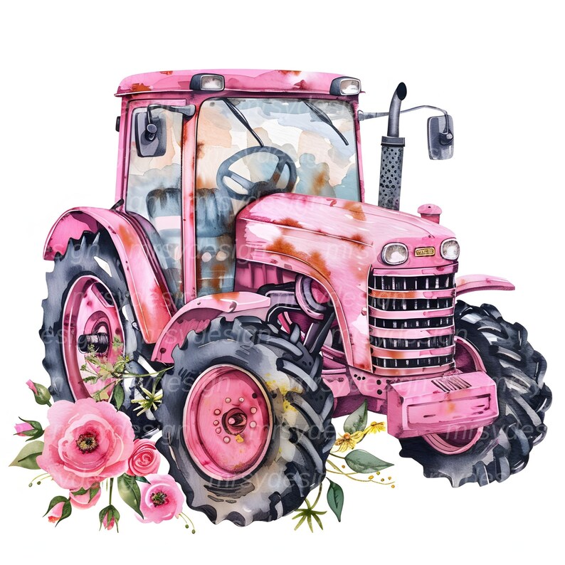 Rustic Tractor Clipart, Pink Farm Tractor Watercolor Tractor Clipart ...