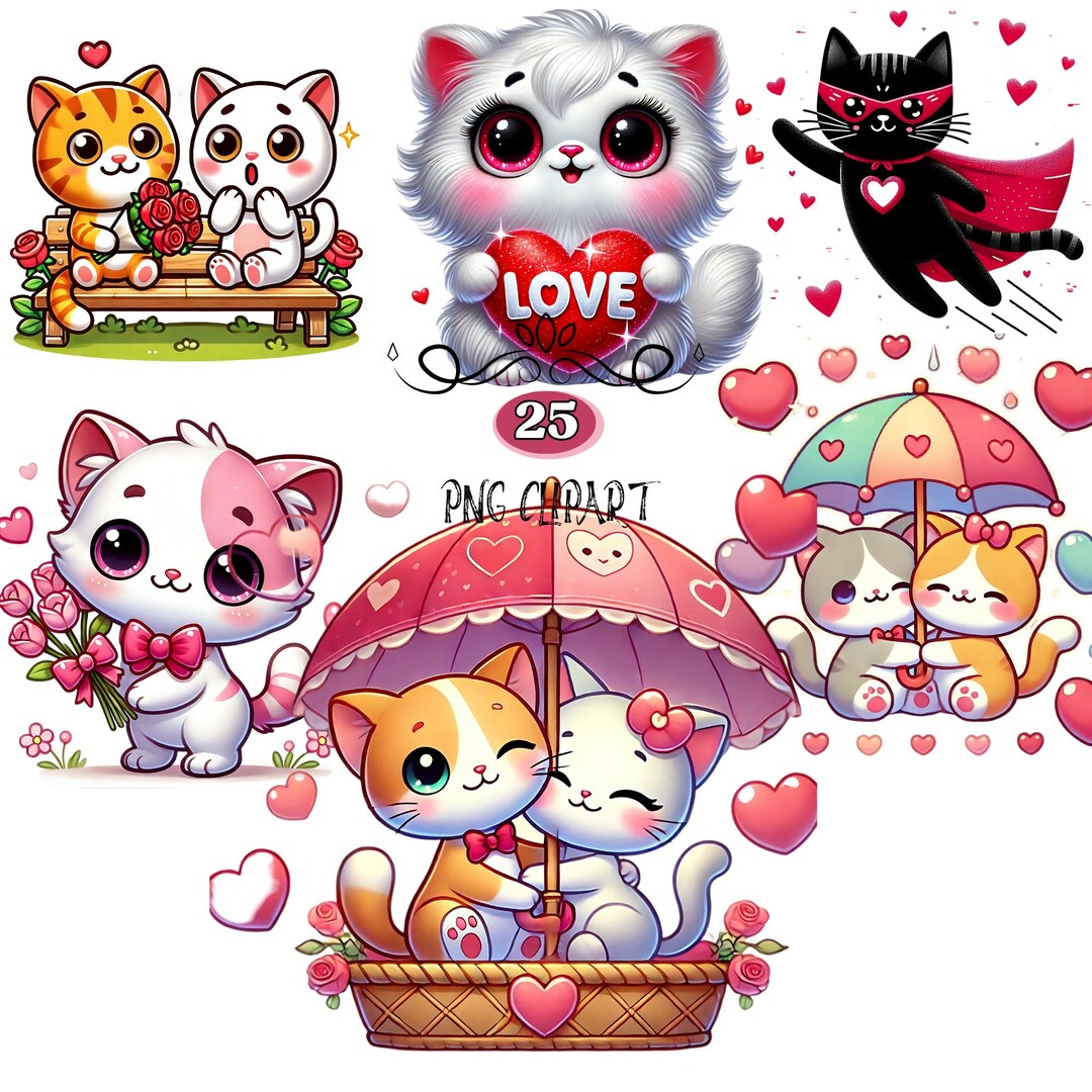 Valentine's Day Cat Clipart Bundle, Cute Cat PNG, Quirky Valentine's ...