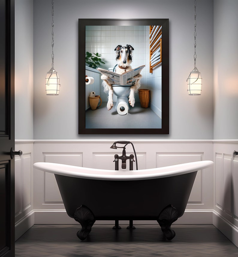 Borzoi Wall Art, Funny Bathroom Print, Toilet Poster, Borzoi in Toilet ...
