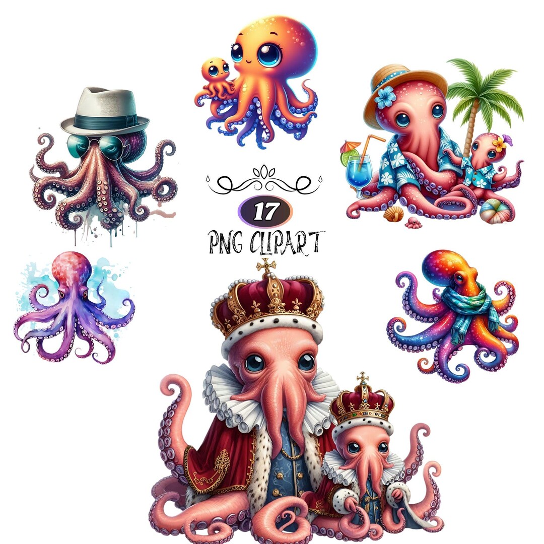 Watercolor Octopus Clipart Bundle, Card Making, Octopus PNG, Animal ...