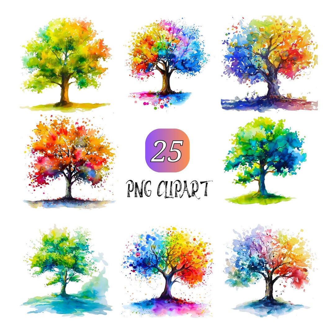 Watercolor Winter Tree Clipart, Colorful Trees Clipart, Tree Png ...