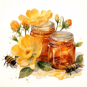 Watercolor Honey Bees Clipart, Floral Png, Honey Jars, Cute Bee Art ...