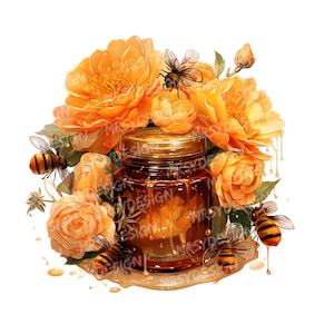 Watercolor Honey Bees Clipart, Floral Png, Honey Jars, Cute Bee Art ...