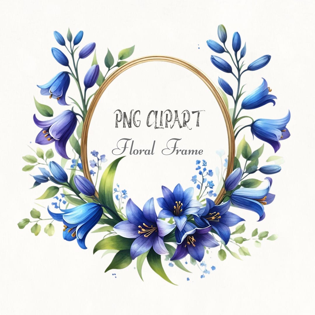 Watercolor Bluebell Frame Clipart, Blue Floral Clipart, Bridal Shower ...